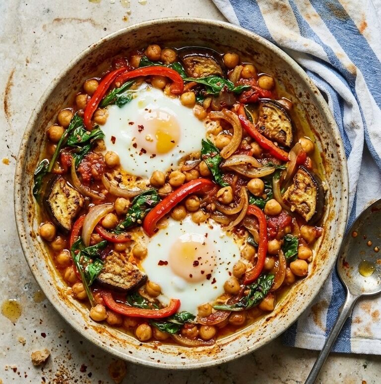Harissa-Baked Chickpeas with Aubergine and Eggs - Honest Cooking