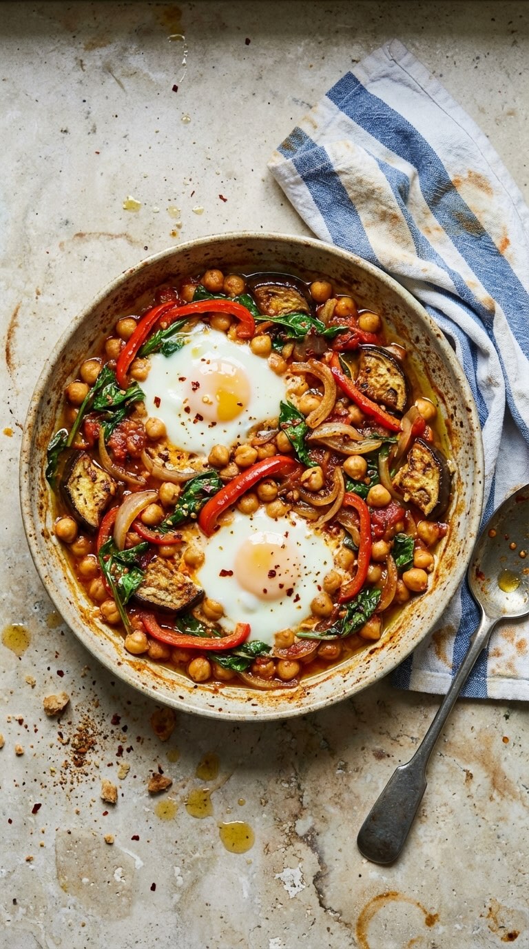 Harissa-Baked Chickpeas with Aubergine and Eggs - Honest Cooking