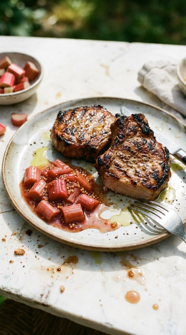 Grilled Pork Chops Recipe: Double-Cut with Rhubarb Mostarda