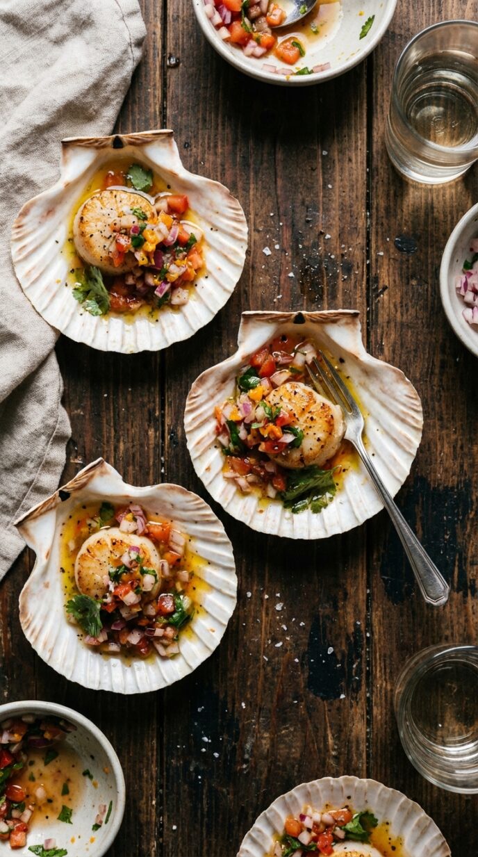 Scallops a la Chalaca: Peruvian Lime and Onion Topping