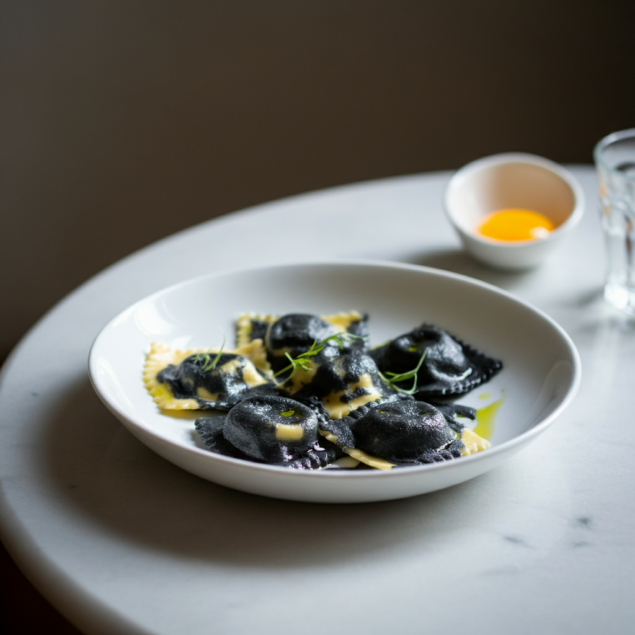 Homemade Squid Ink Ravioli with Eggplant and Pesto